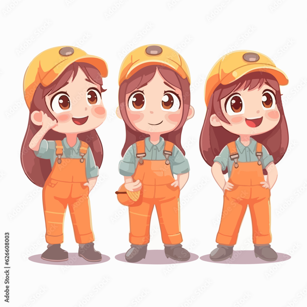Builder kid with construction attire, vector pose, young girl, cartoon ...