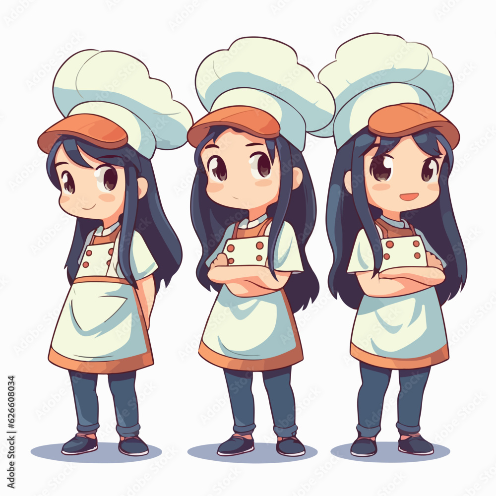 Girl in chef attire, cartoon illustration, vector pose, little child ...