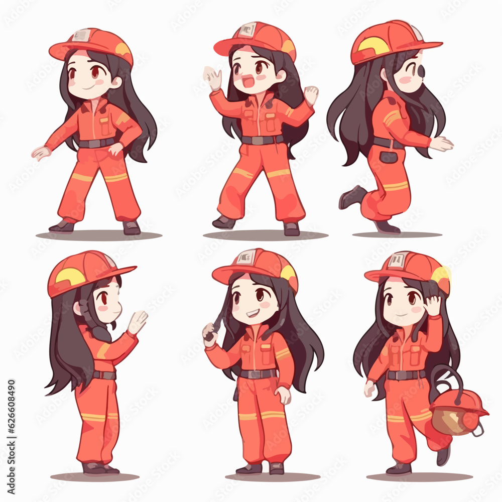 Girl in firefighter attire, cartoon illustration, vector pose, young ...