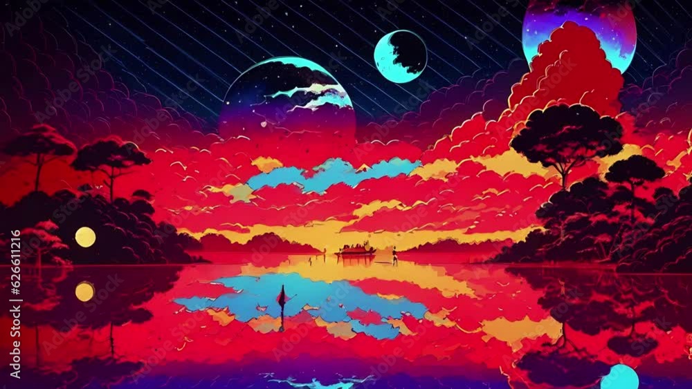 Fantasy world with red gradient sunset. Futuristic cosmic animation ...