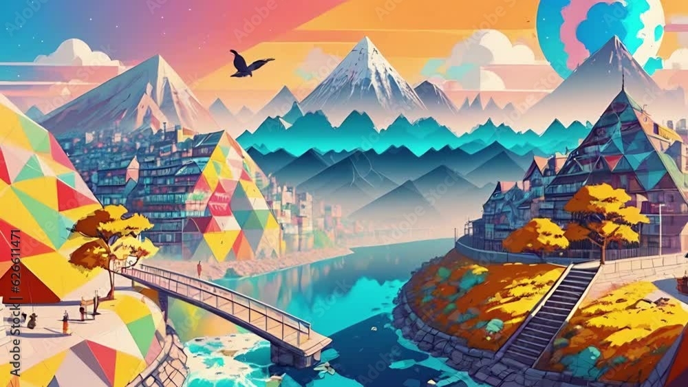 Mountains landscape with river in anime style. High mountains, azure ...