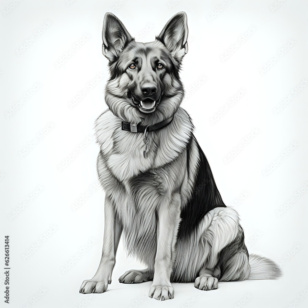 a highly detailed pencil drawing of a German Shepherd dog full body no ...