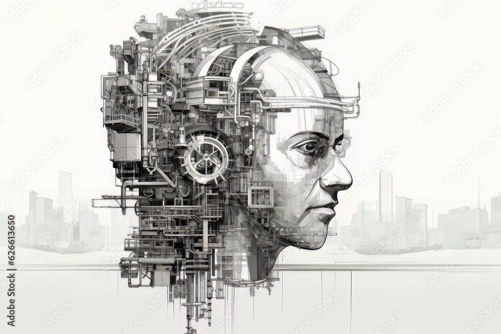 handdrawn pencil sketch of human development, automata and intelligence ...