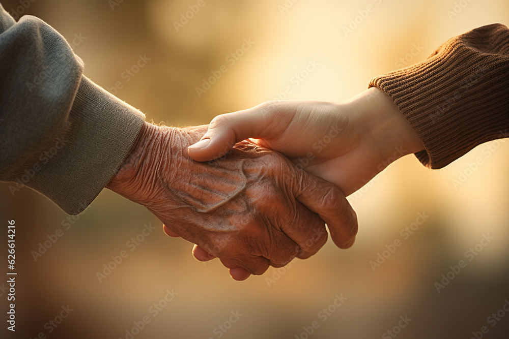 An Endearing Close-Up of an Old and Young Handshake. Symbolizing Mutual ...