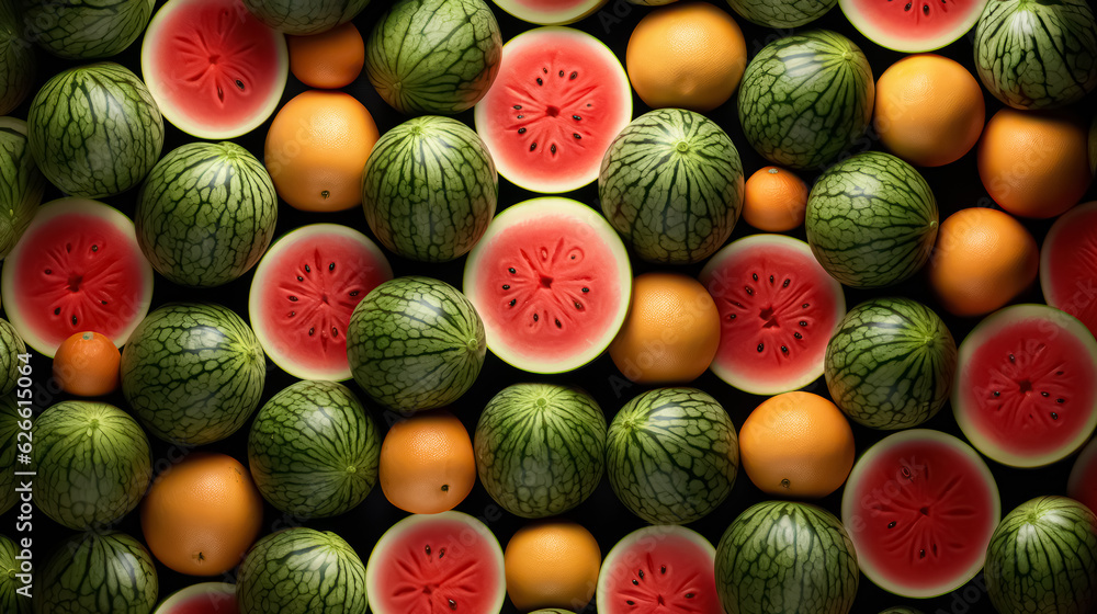 Lots of ripe whole watermelons and melons together. Red, orange and ...