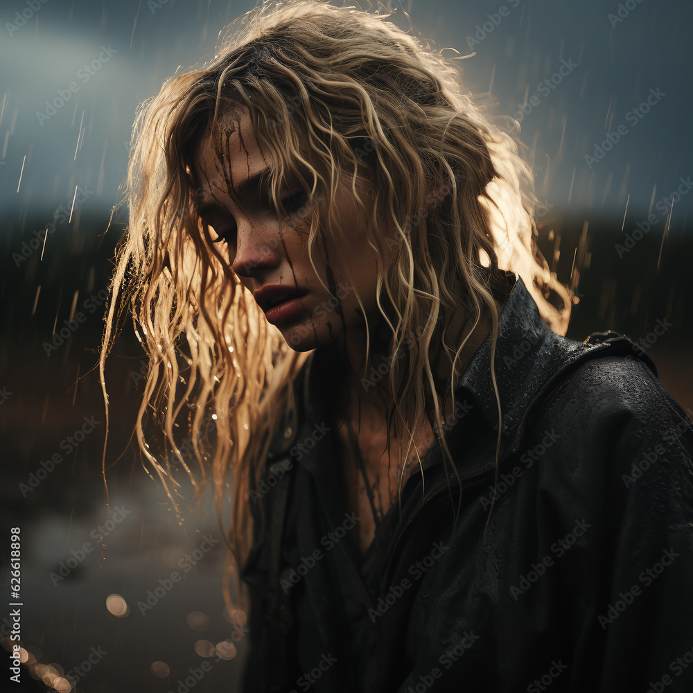 Crying in the Rain Series - Tears in Muddy Field. Girl crying in a ...