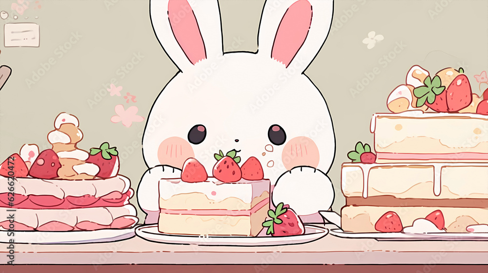 hand drawn cartoon illustration of cute rabbit eating dessert cake ...