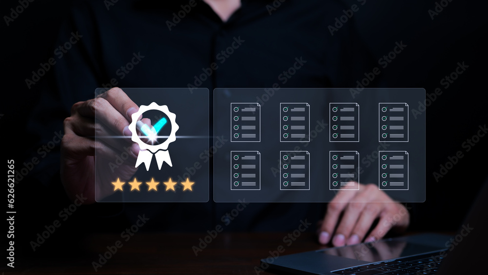 Businessman are evaluation online survey exam and choose the right ...