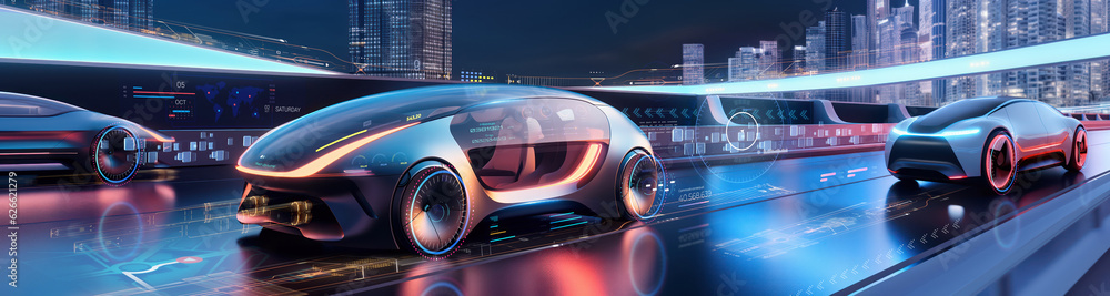 Automated self driving futuristic electric car driving on highway as ...