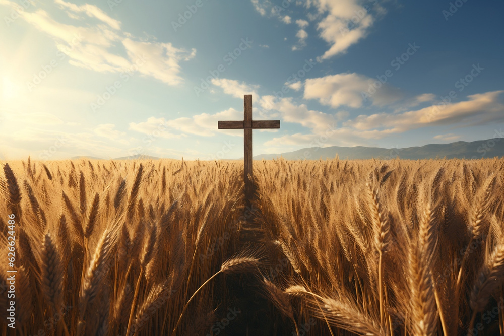 Field of wheat blowing in wind with lone wooden cross in distance Stock ...