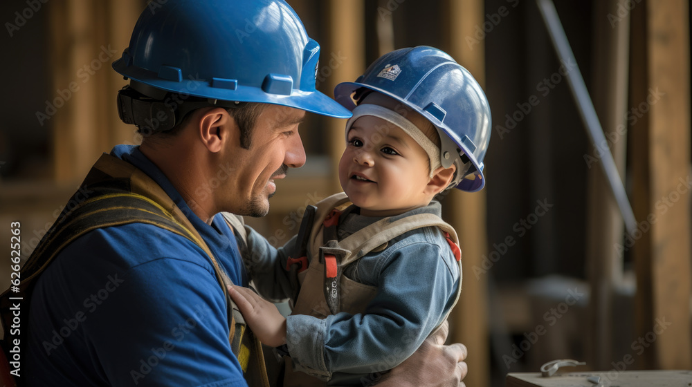 Father and little son playing realistic construction workers in special ...