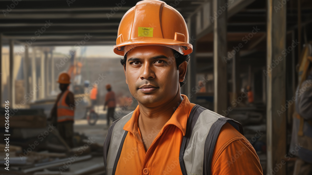 Factory worker wearing a safety helmet in the background of a ...