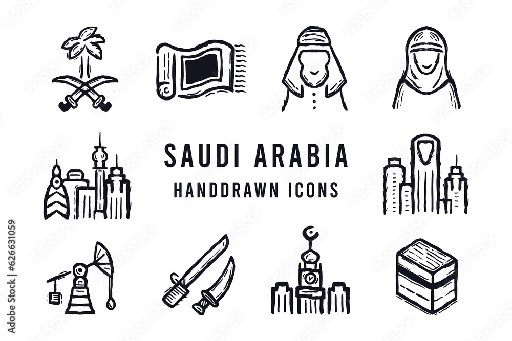 Saudi arabia hand drawn sketch icons. Palm, sword, muslim, hijab ...