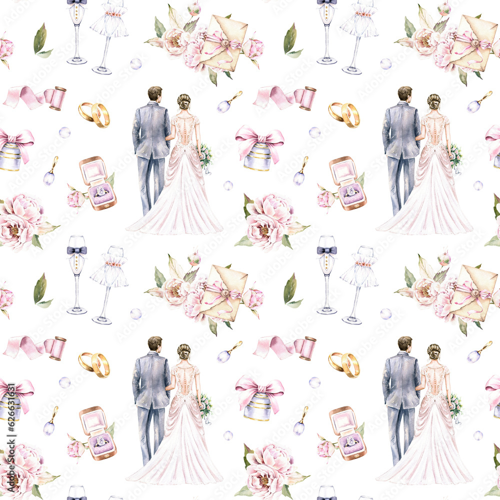 Watercolor wedding seamless pattern. Bride and groom, rings, envelope ...