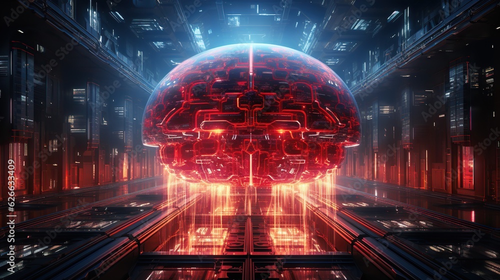 Evil red AI brain in data center. Danger of strong artificial ...