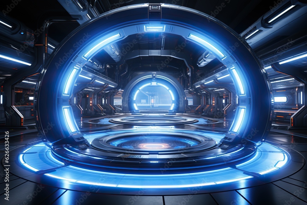 Blue teleport. Futuristic teleportation podium or portal, a conceptual ...
