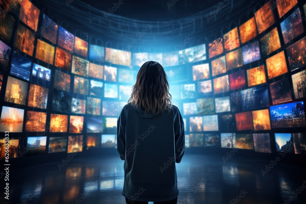 Woman watching smart TV wall, displaying many streaming channels and ...