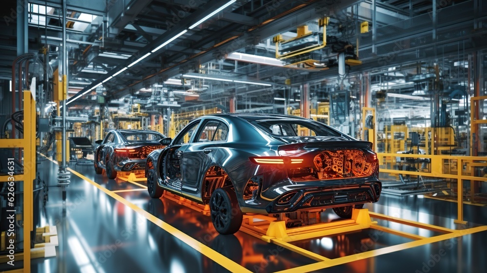 Modern car manufacturing factory, automobile assembly line, automotive ...