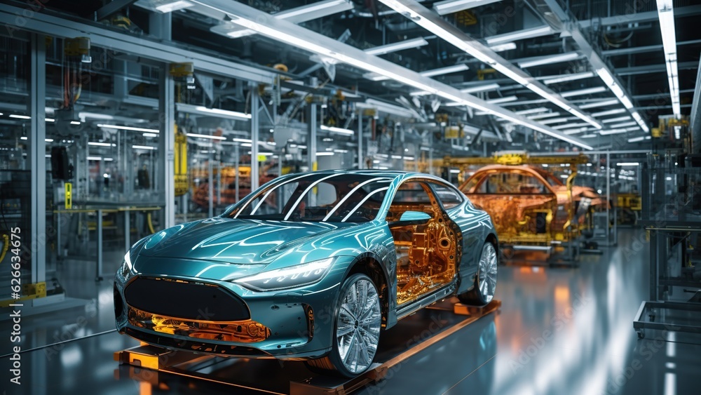 Modern car manufacturing factory, automobile assembly line, automotive ...