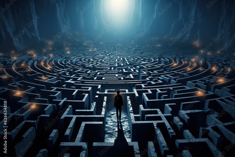 Man in surreal maze, facing labyrinth challenge, complex problem ...
