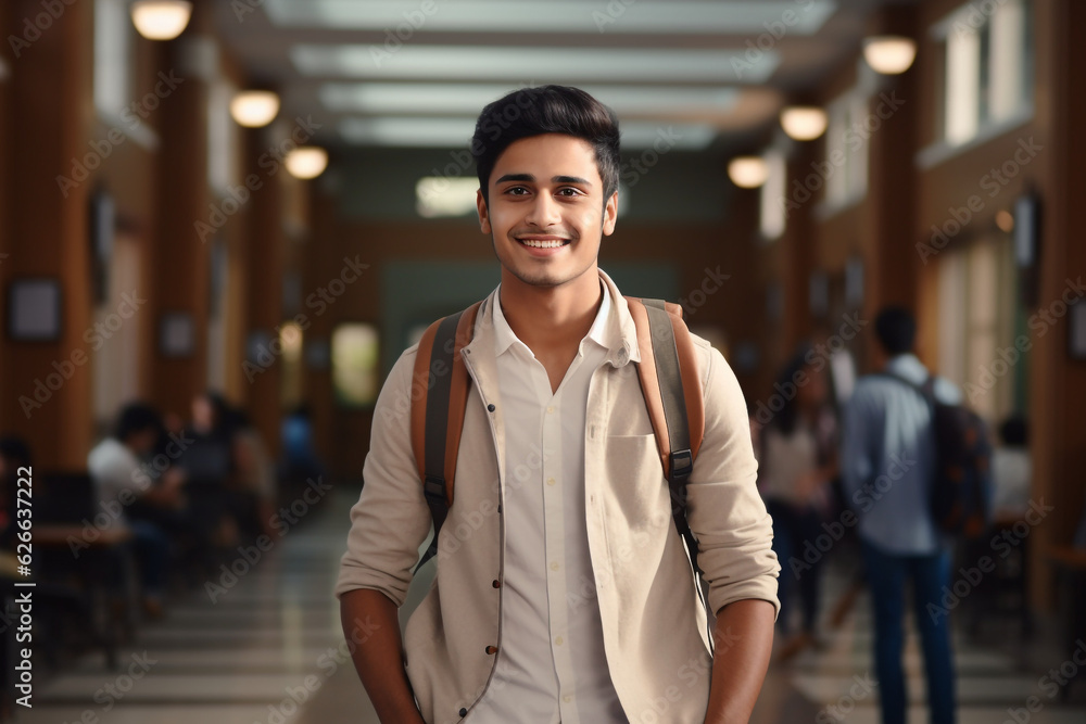 Young smiling indian student standing in univesity hall. High quality ...