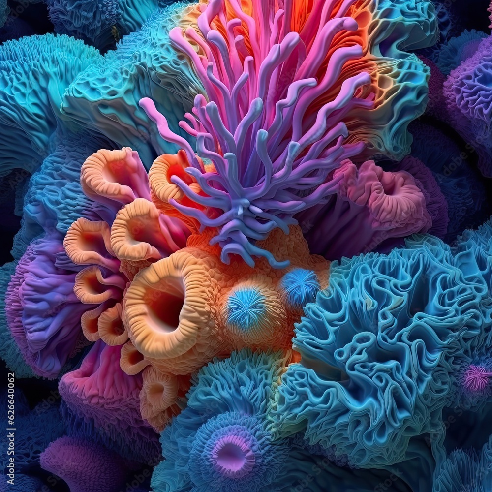 Colorful coral reef at the bottom of tropical sea, white finger coral ...