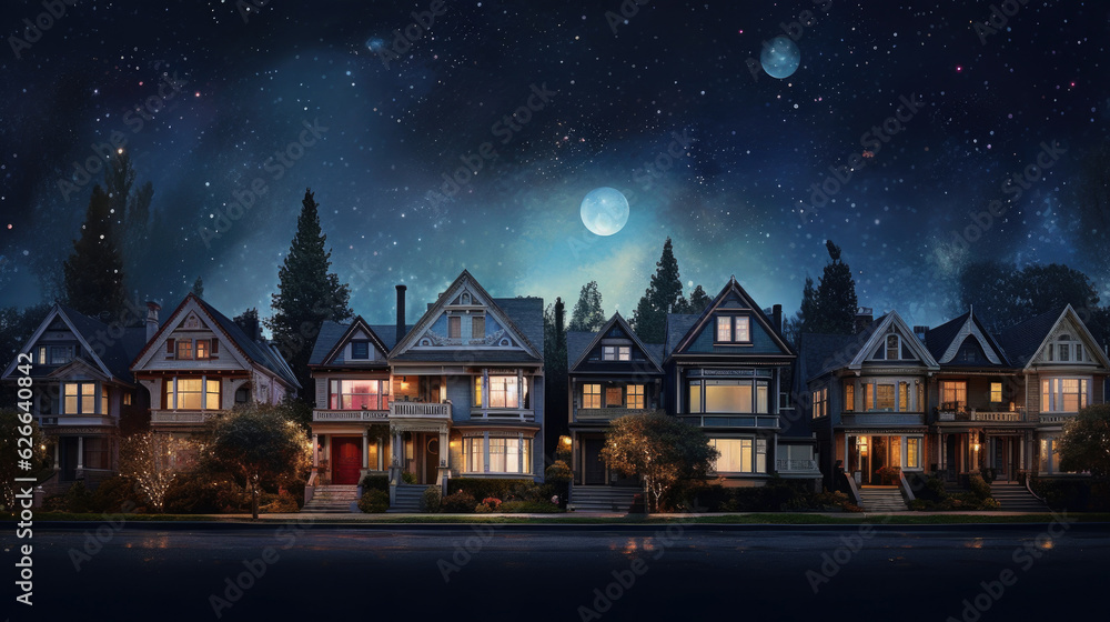 Row of classic family houses facades at night. Suburban neighborhood ...