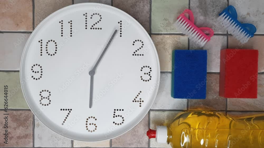 6 o'clock. Cleaning time. Timelapse. Clockwise movement of clock hands ...