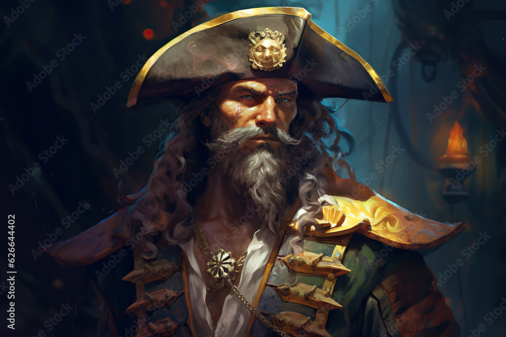 Pirate portrait, bearded man in costume on ship, old movie character ...