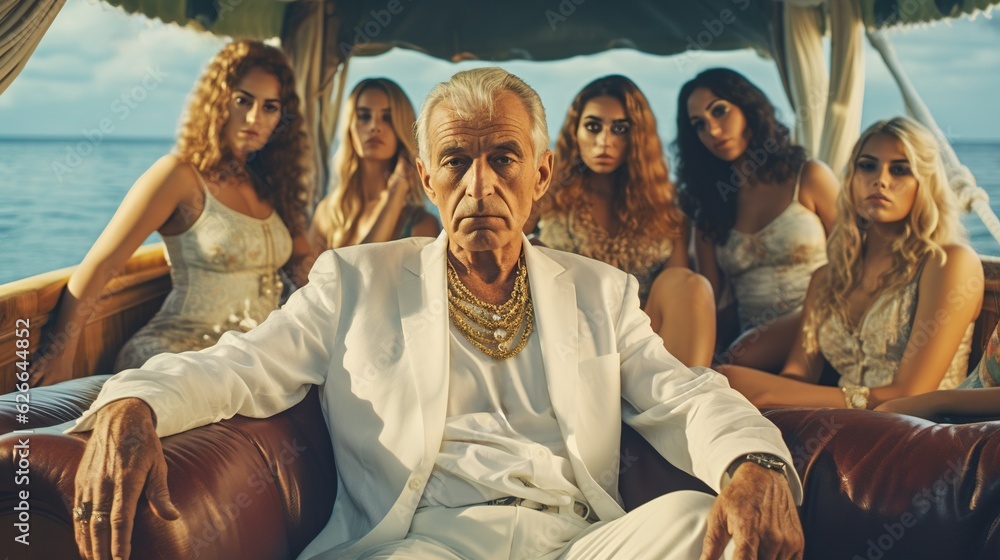 Wealthy senior man at luxury yacht party, oligarch lifestyle with ...