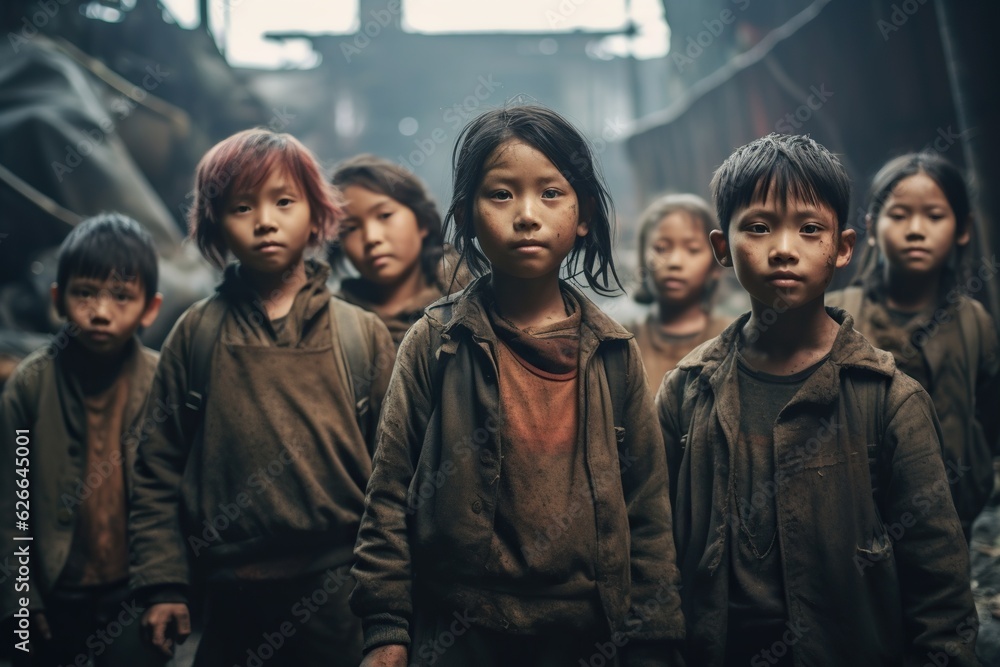 Group portrait of young asian children forced into labor, working in a ...