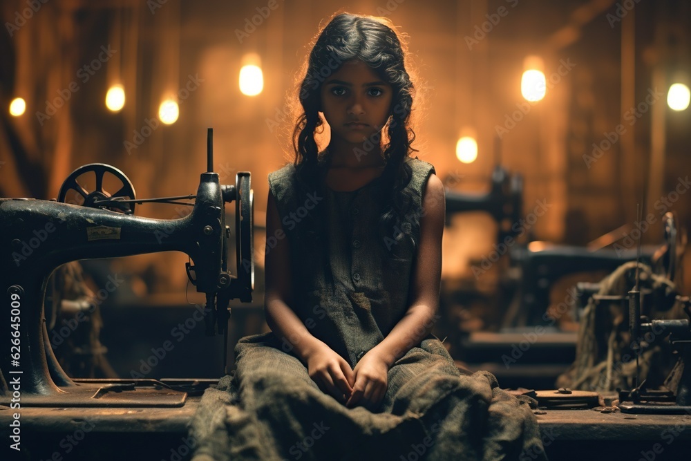 Child labour in asian factory, young girl forced to sew clothes under ...