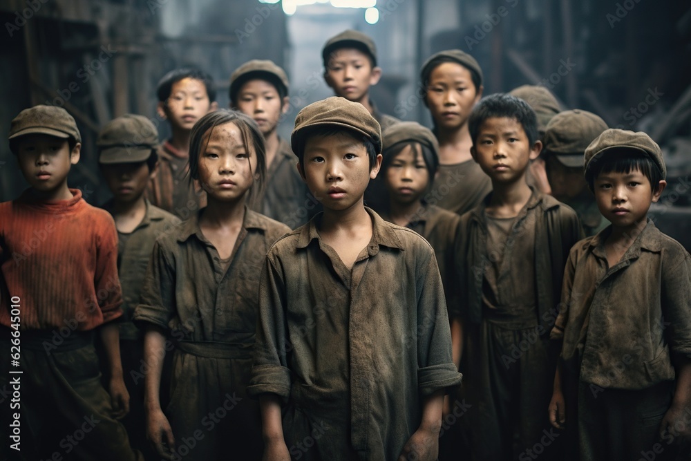 Group portrait of young asian children forced into labor, working in a ...