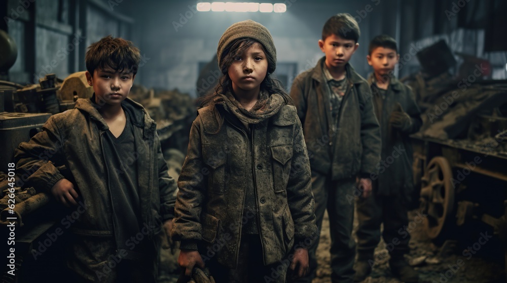 Group portrait of young asian children forced into labor, working in a ...