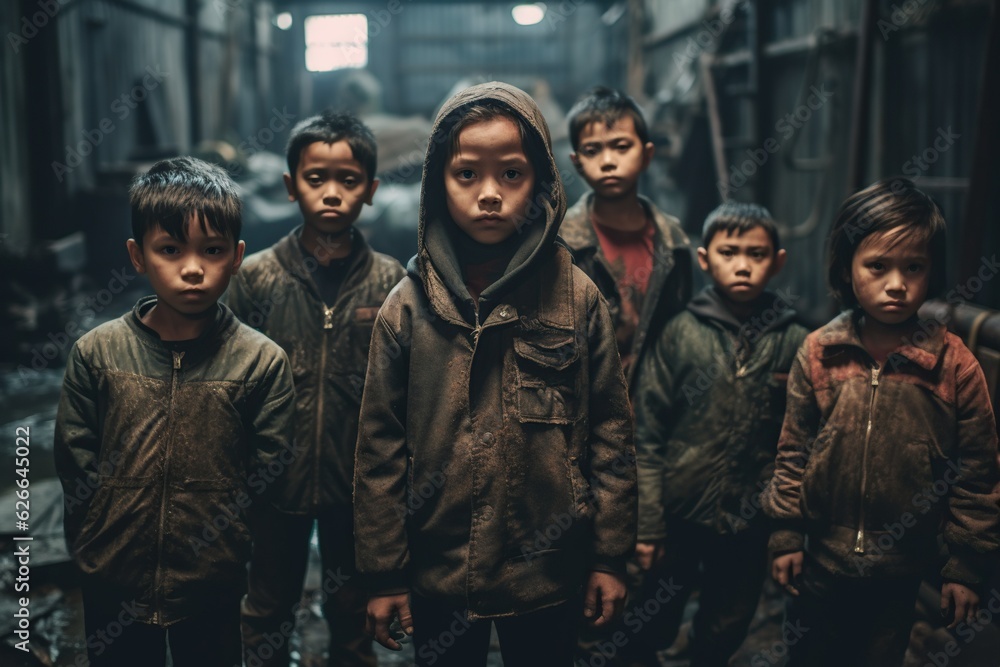 Group portrait of young asian children forced into labor, working in a ...