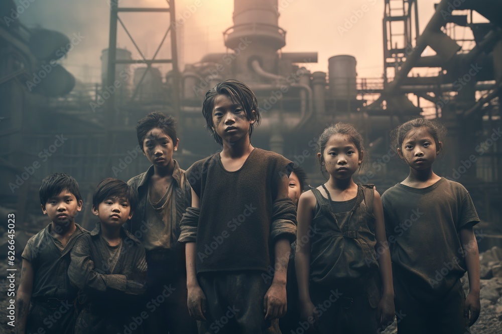Group portrait of young asian children forced into labor, working in a ...