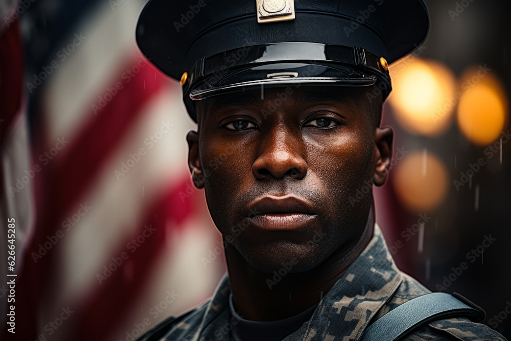 Portrait of a black soldier in uniform with an American flag backdrop ...
