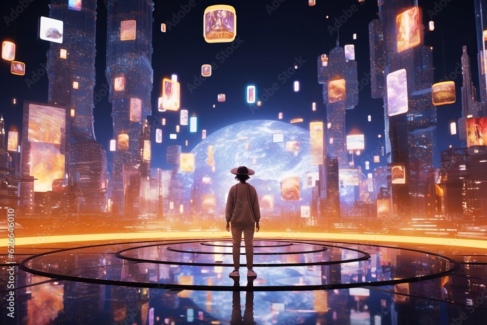 Futuristic avatar girl in neon metaverse, back view of female gamer ...