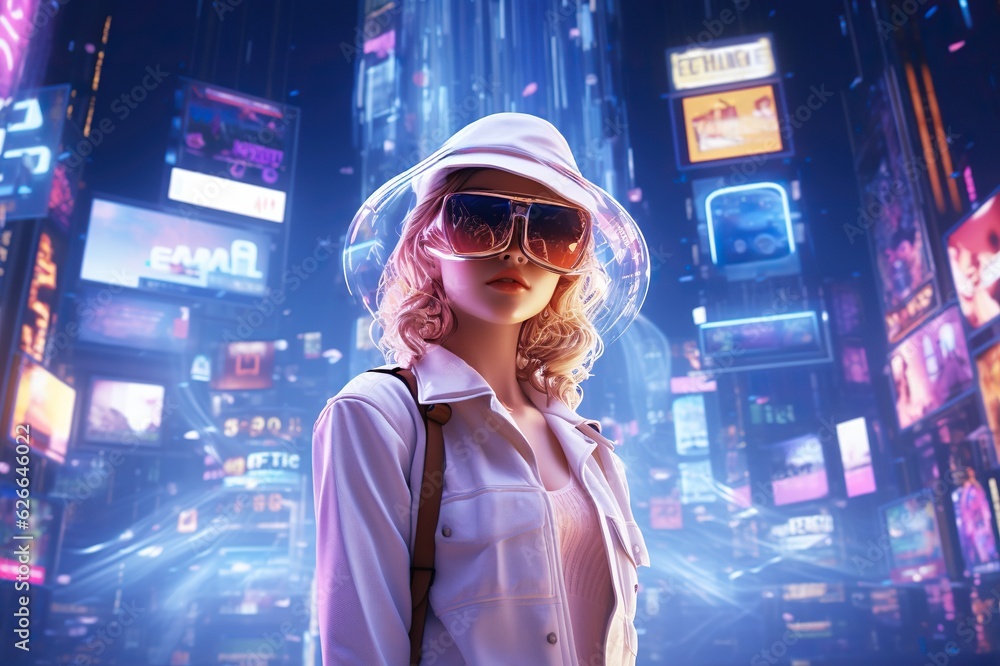 Virtual reality female gamer in futuristic metaverse city, 3d avatar of ...