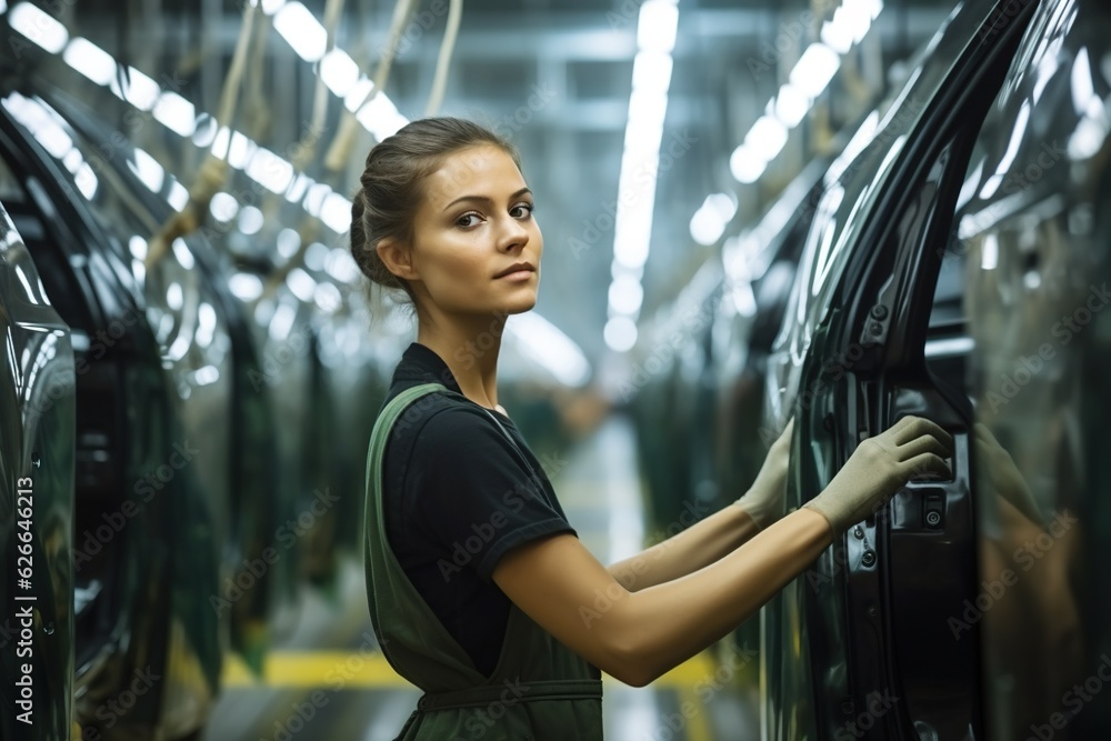 Female engineer worker in automotive factory, car manufacturing process ...