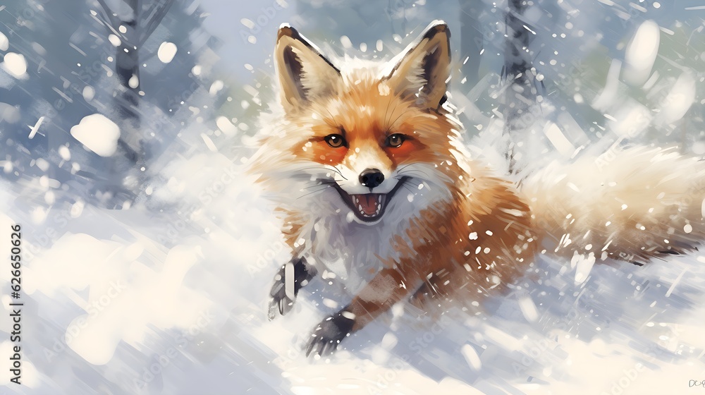 cute fox in the snow, comic art Stock Illustration | Adobe Stock