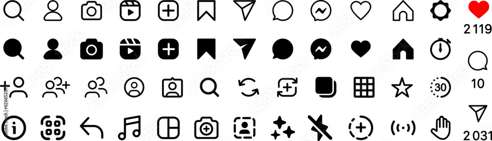 Instagram icons isolated on transparent background. like, comment ...
