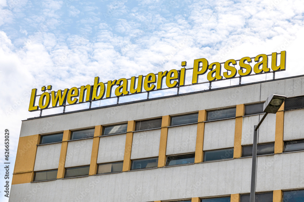 Passau, Bavaria, Germany - 2023 July 23: Logo and name of Löwenbrauerei ...