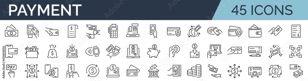 Set of 45 outline icons related to payment. Linear icon collection. Editable stroke. Vector ...