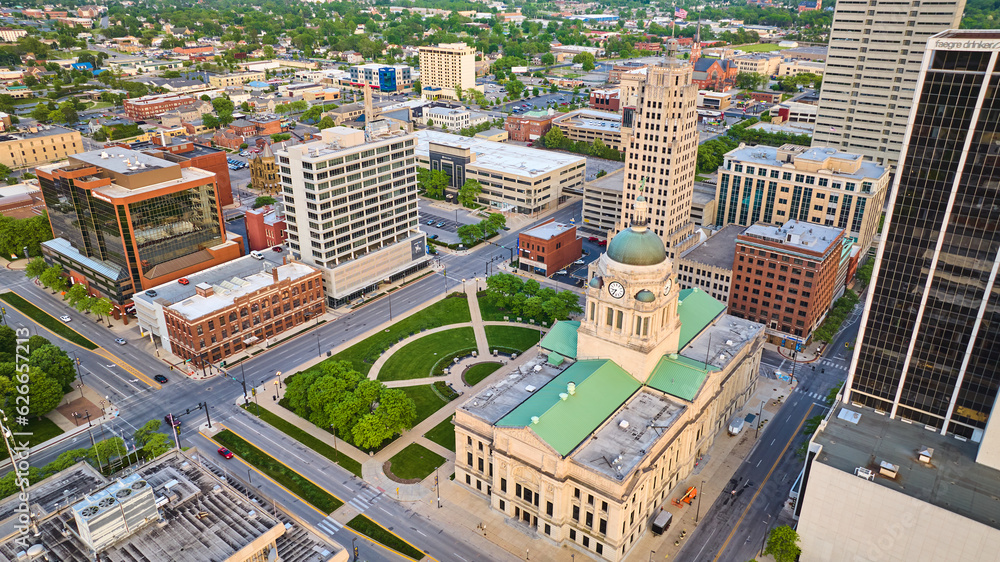 Side view Allen County courthouse aerial downtown Fort Wayne with PNC ...