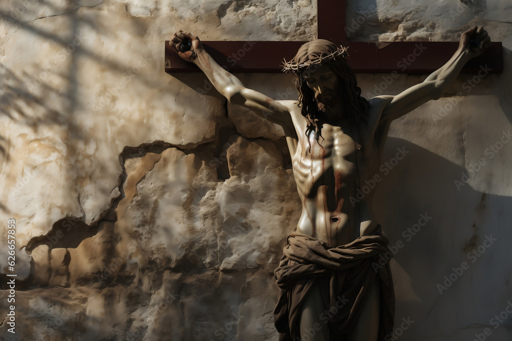 Crucifix with worn suspended Jesus casting shadow on stone wall Stock ...