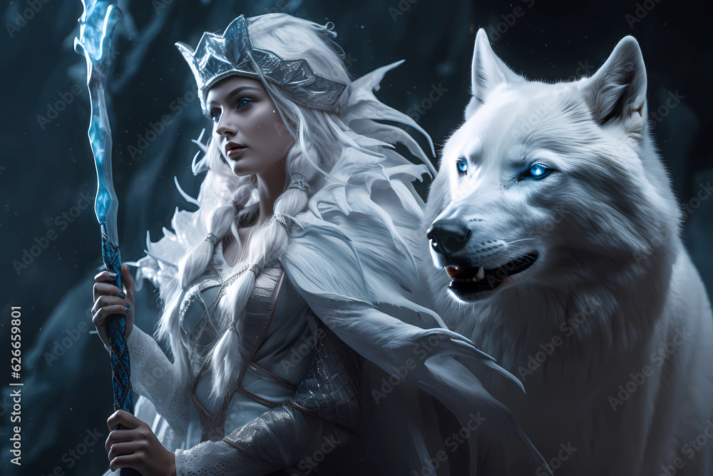 Beautiful ice queen with white wolf by her side Stock Illustration ...