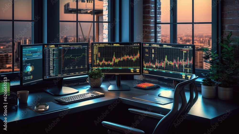 The side view from a computer desk with multiple screens displaying ...