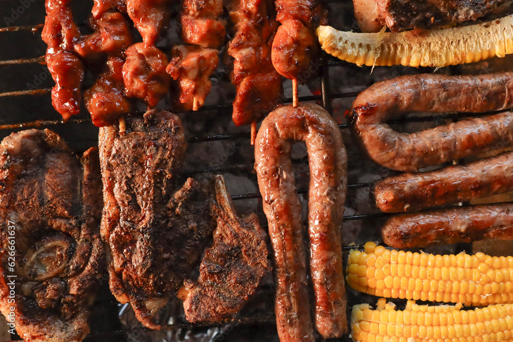 South African braai with boerewors sausages, chicken kebabs and lamb ...