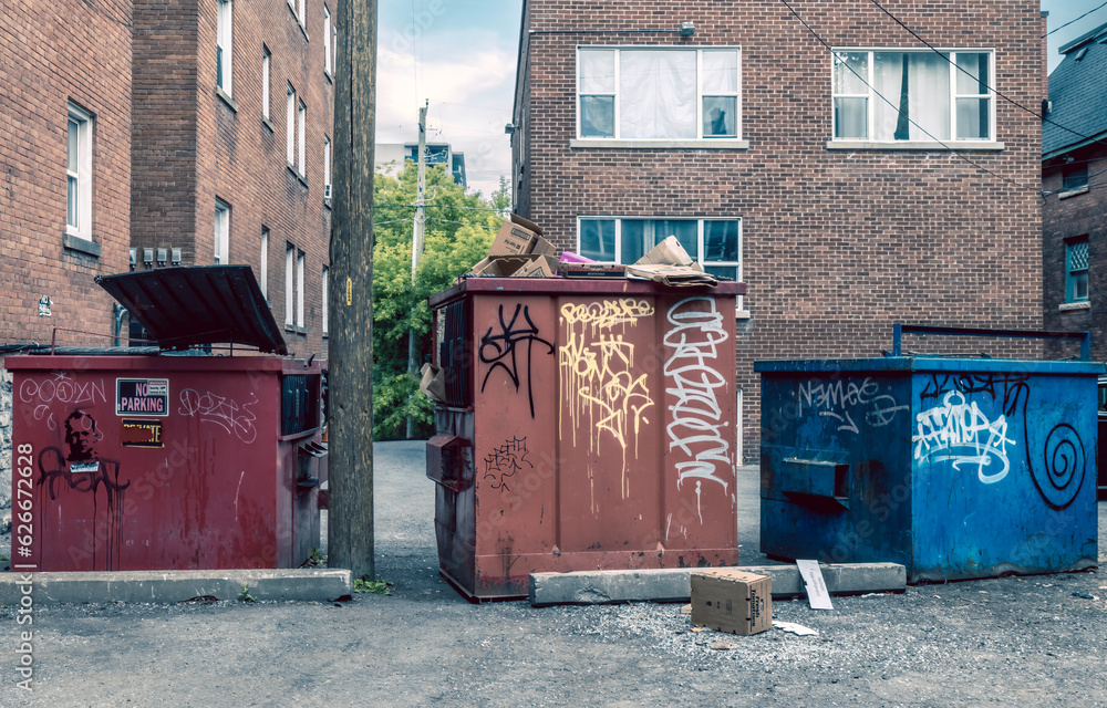 Foto de Three large garbage bins with graffiti in a back alley, red ...